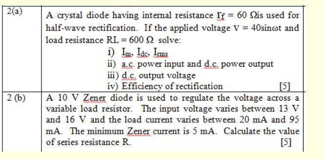 Solved 2(a) A crystal diode having internal resistance If = | Chegg.com