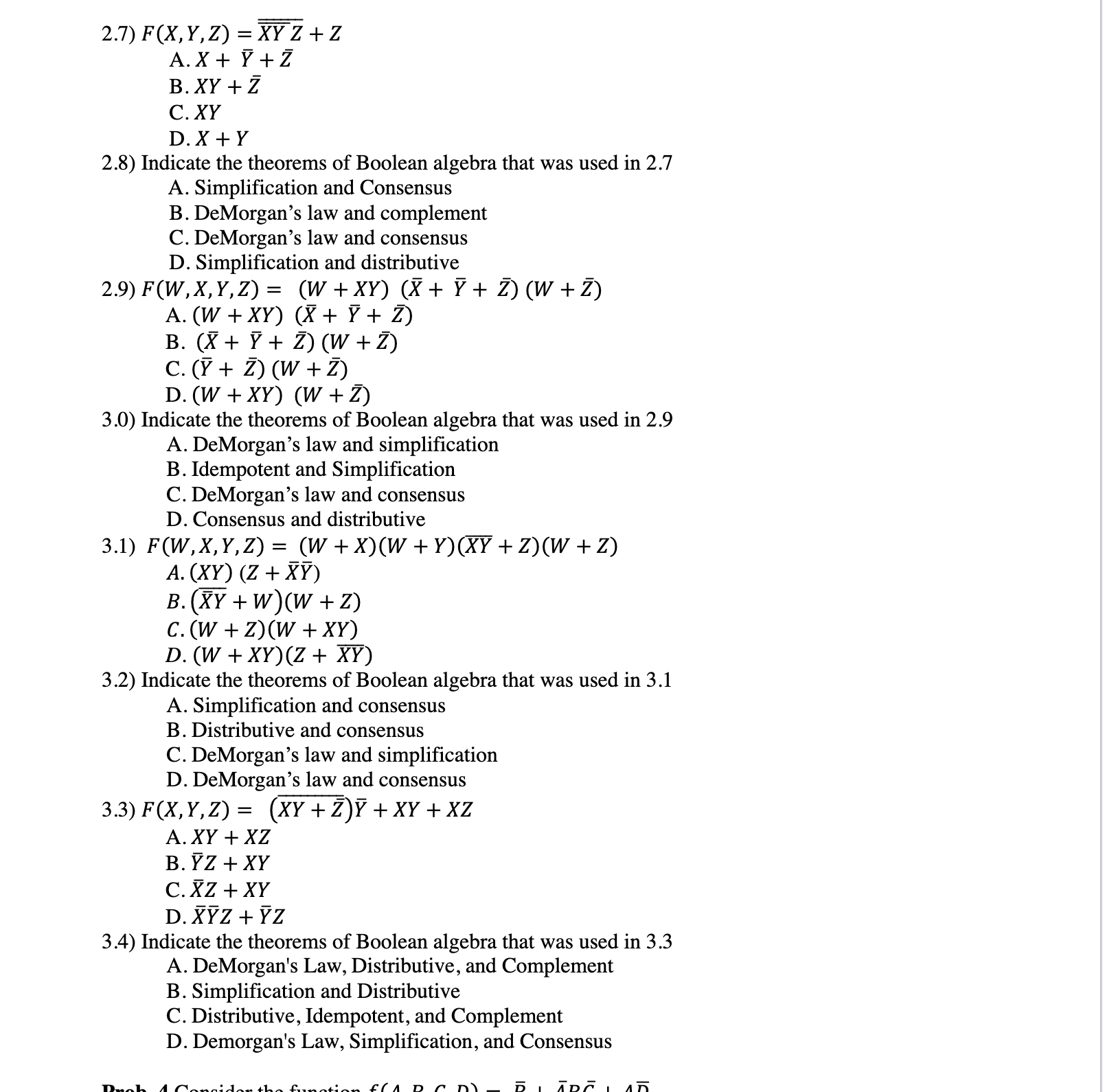 Solved 2 7 F X Y Z XYZ Z A X Y Z B XY Z C XY D X Y Chegg