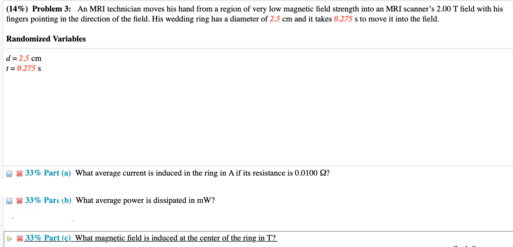 Solved (14\%) Problem 3: An MRI technician moves his hand | Chegg.com
