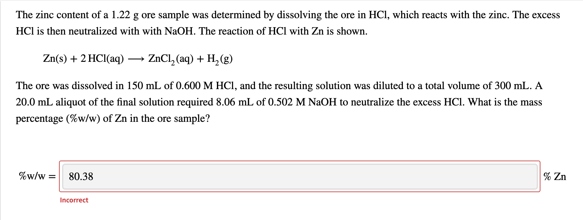 Solved The zinc content of a 1.22 g ore sample was | Chegg.com