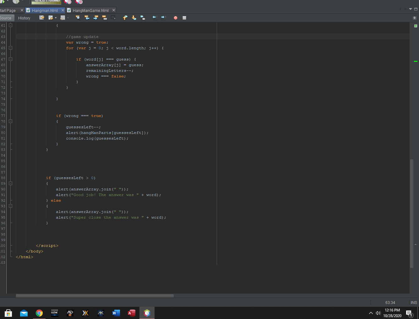 Solved I'm writing a simple hangman program in JavaScript | Chegg.com