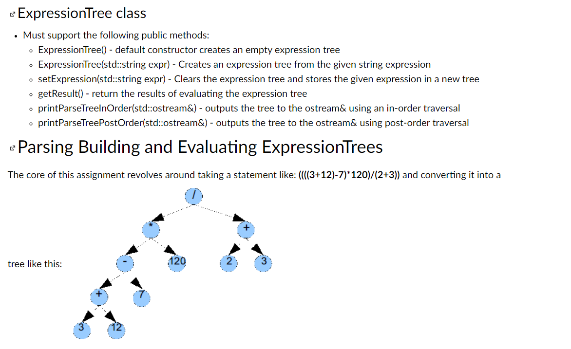 Solved I need help implement an ExpressionTree Class. The | Chegg.com