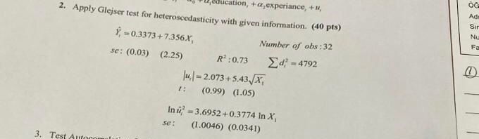 Solved Apply Glejser test for heteroscedasticity with given | Chegg.com