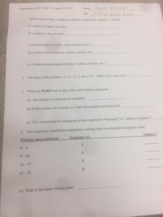 Solved Classify each of these variables as discrete, | Chegg.com