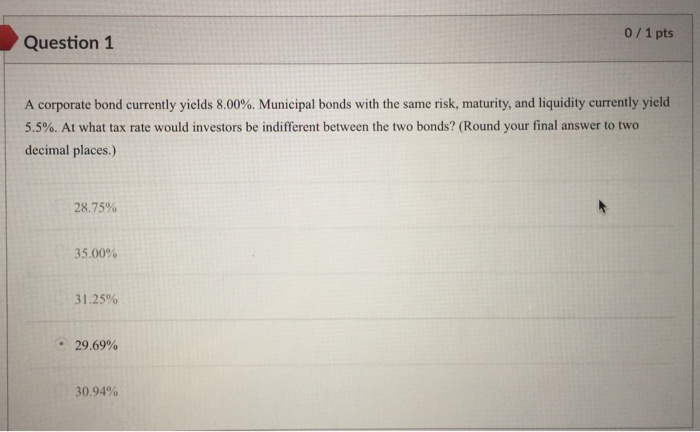 Solved 0/1 pts Question 1 A corporate bond currently yields | Chegg.com Solved 0/1 pts Question 1 A corporate bond currently yields | Chegg.com