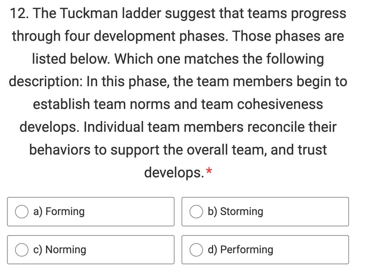 Solved what is the answer: Tuckman ladder suggest that teams | Chegg.com