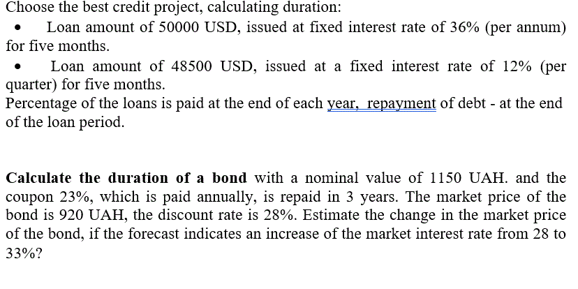 Choose the best credit project, calculating duration: | Chegg.com