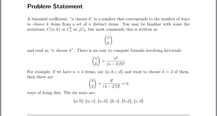 Solved Problem Statement A Binomial Coefficient N Choose K