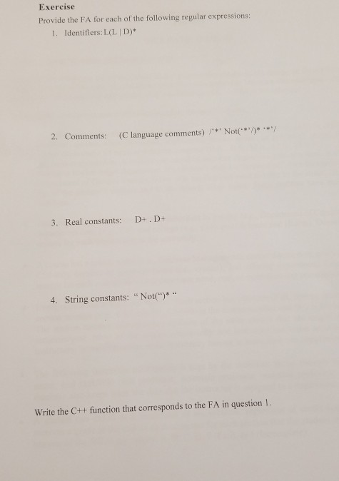 Solved Exercise Provide the FA for each of the following | Chegg.com