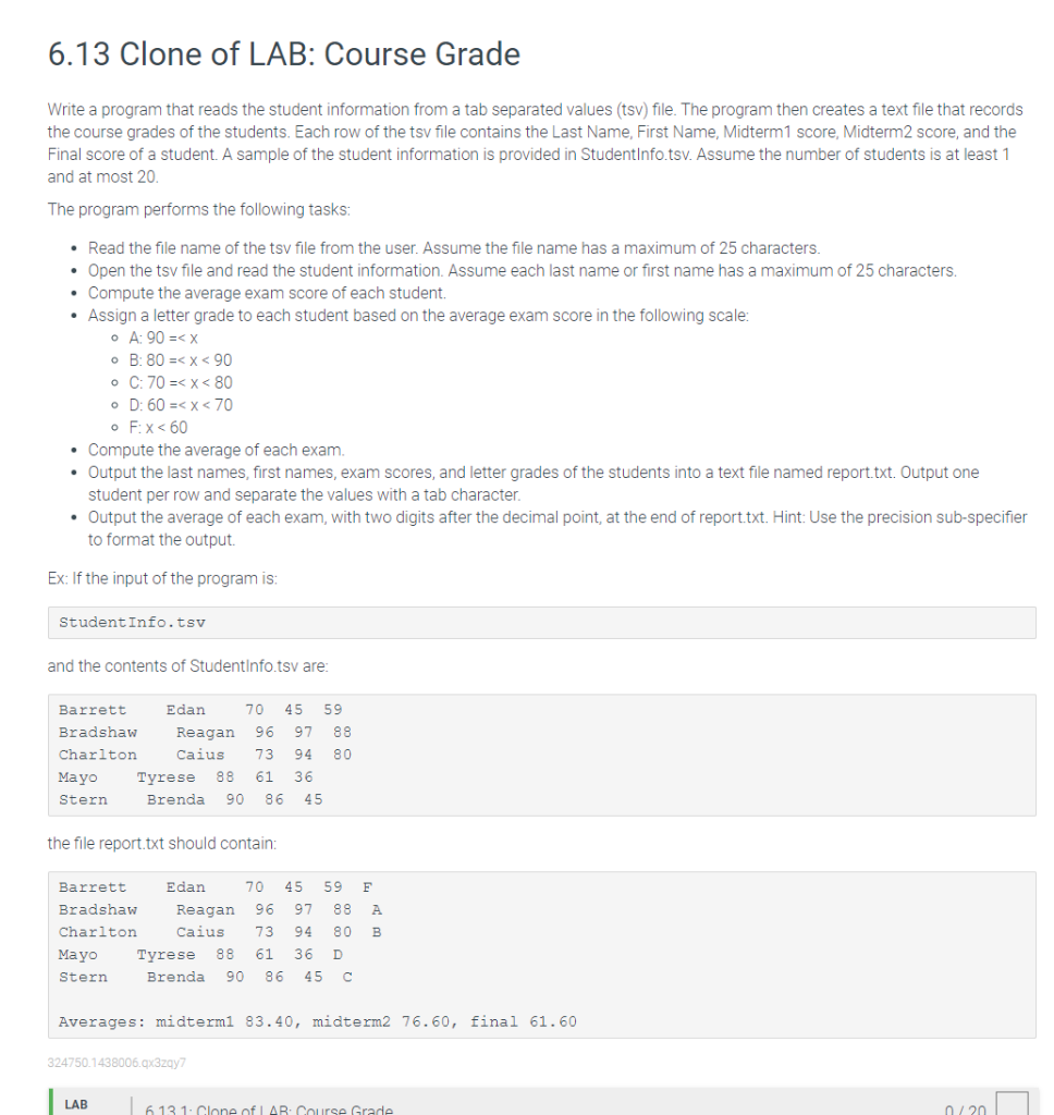 Solved LAB ACTIVITY 6.13.1: Clone of LAB: Course Grade 0/20 | Chegg.com
