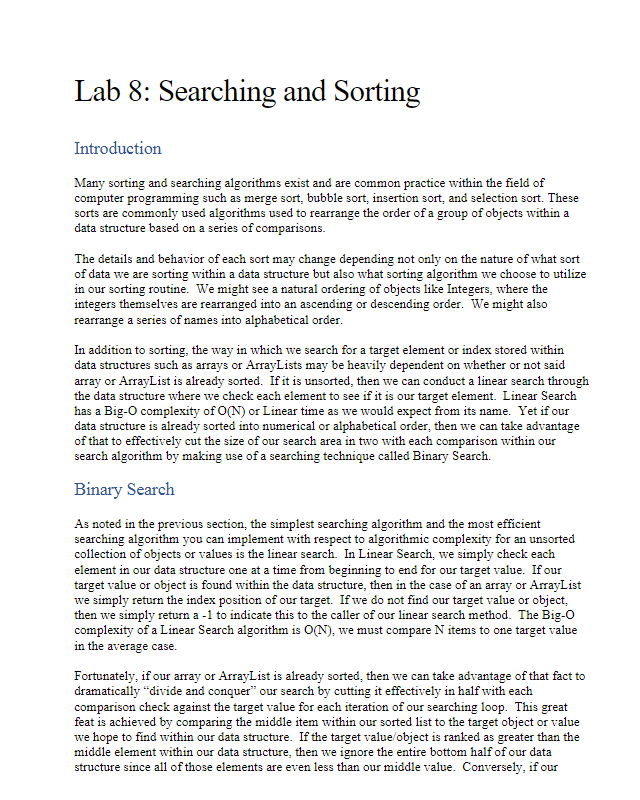 Lab 8: Searching and Sorting Introduction Many | Chegg.com