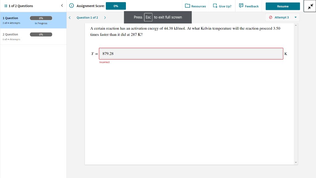 Solved 1 of 2 Questions Assignment Score: 0% Resources Give | Chegg.com