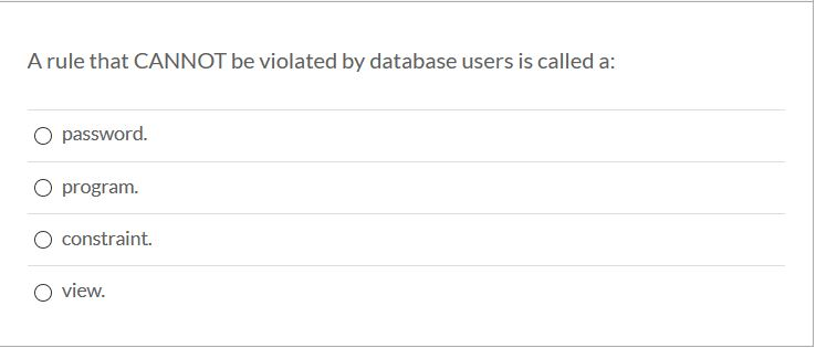 Solved A rule that CANNOT be violated by database users is | Chegg.com