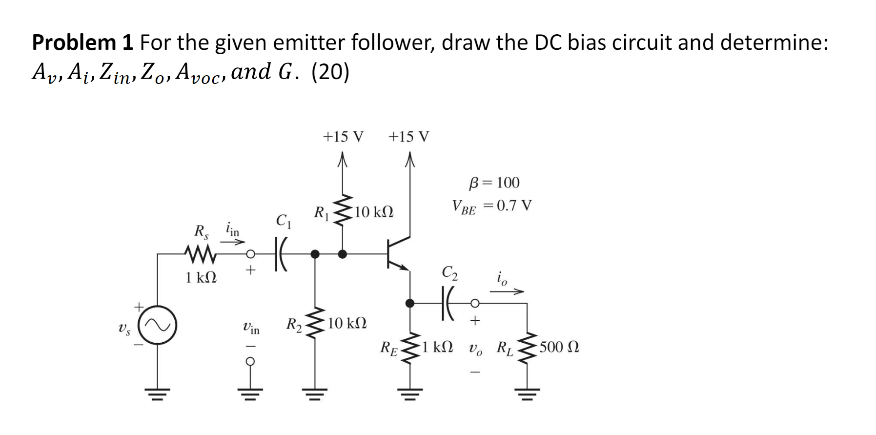 Solved Problem 1 For the given emitter follower, draw the DC | Chegg.com