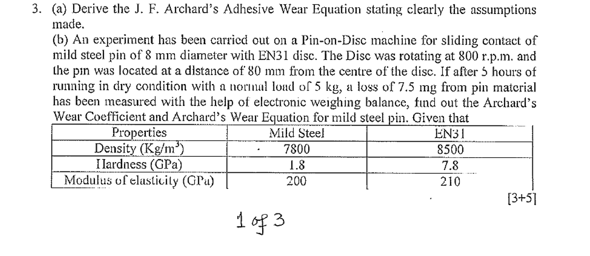 Solved (a) ﻿Derive the J. ﻿F. ﻿Archard's Adhesive Wear | Chegg.com