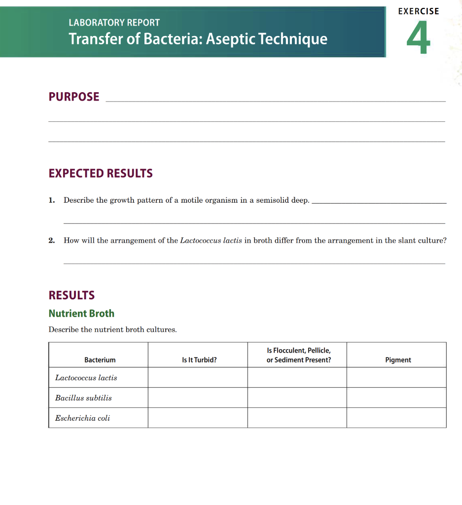 Solved 42 EXERCISE 4: TRANSFER OF BACTERIA: ASEPTIC | Chegg.com