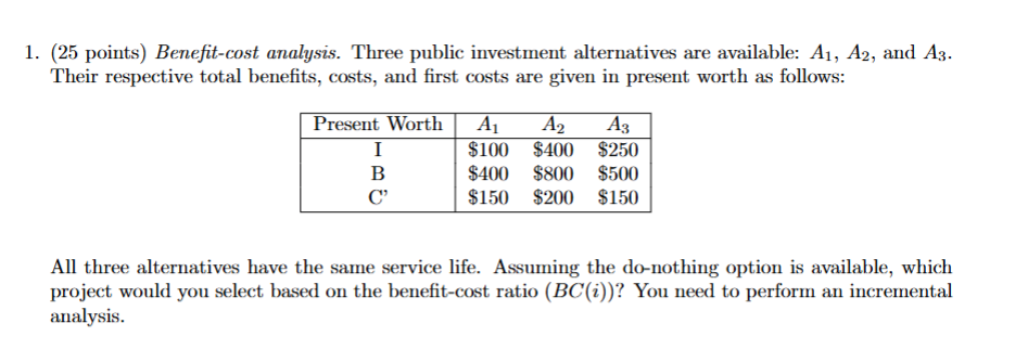 Solved 1. (25 ﻿points) ﻿Benefit-cost analysis. Three public | Chegg.com