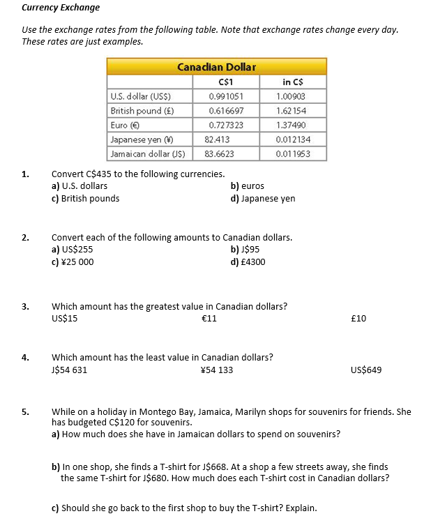 Solved C$1 Currency Exchange Use the exchange rates from the | Chegg.com