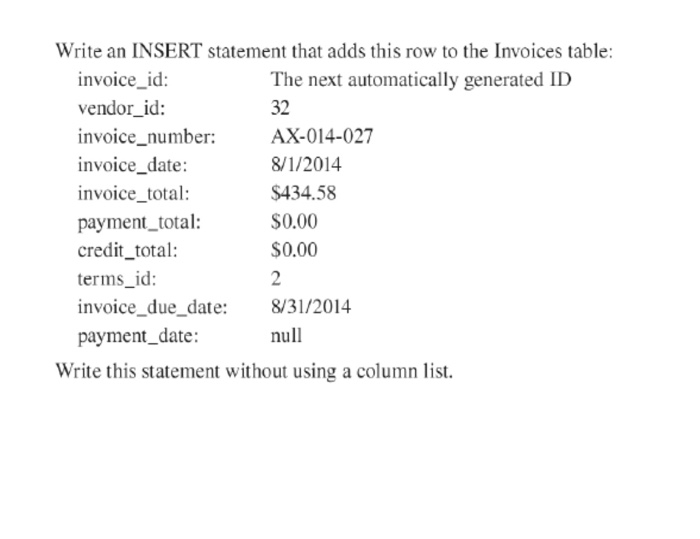 Solved Write an INSERT statement that adds this row to the | Chegg.com
