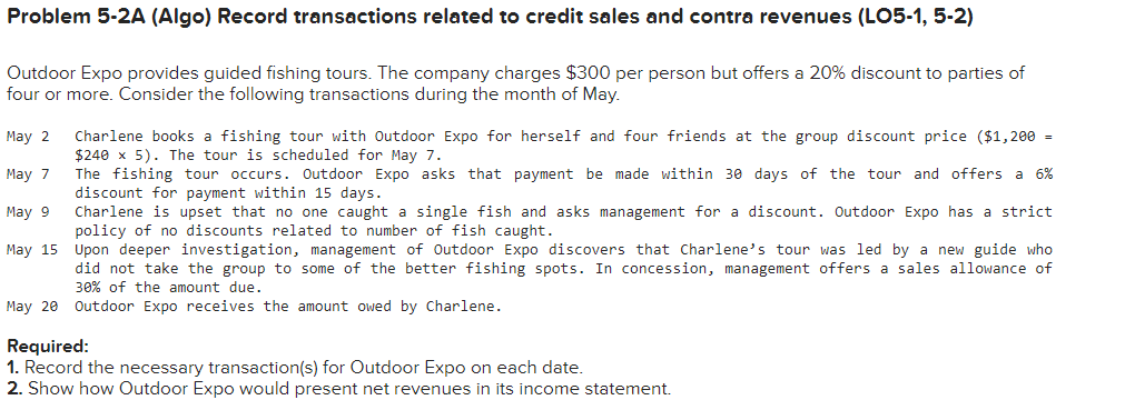 Solved Problem 5-2A (Algo) Record transactions related to | Chegg.com