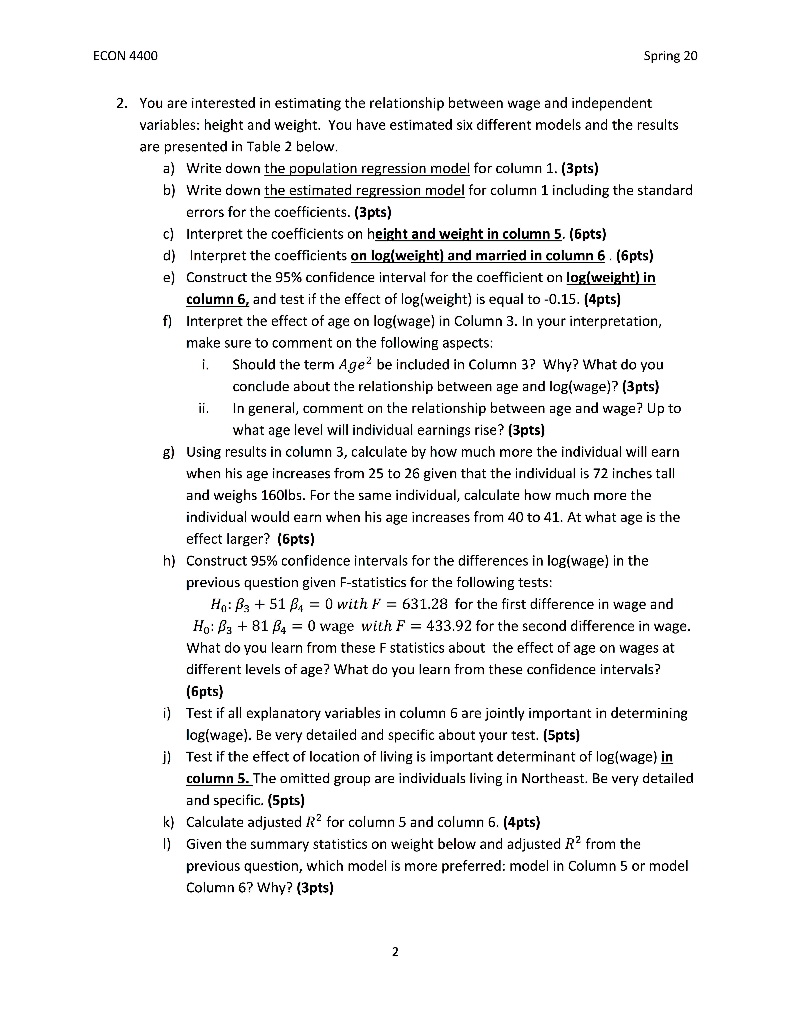 ECON 4400 Spring 20 Table 2. Regression Results (4) | Chegg.com