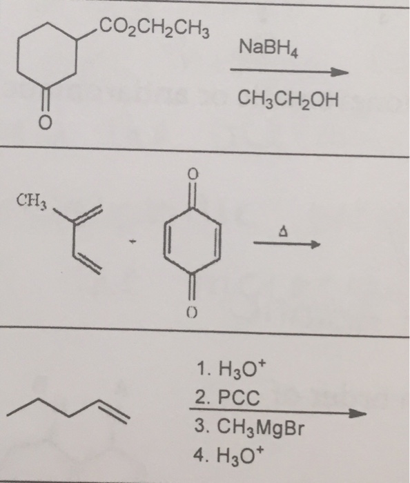 Solved CH CO CH CH NaBH CH3CH2OH 1. H30+ 2. PCC 3. CH3 MgBr | Chegg.com