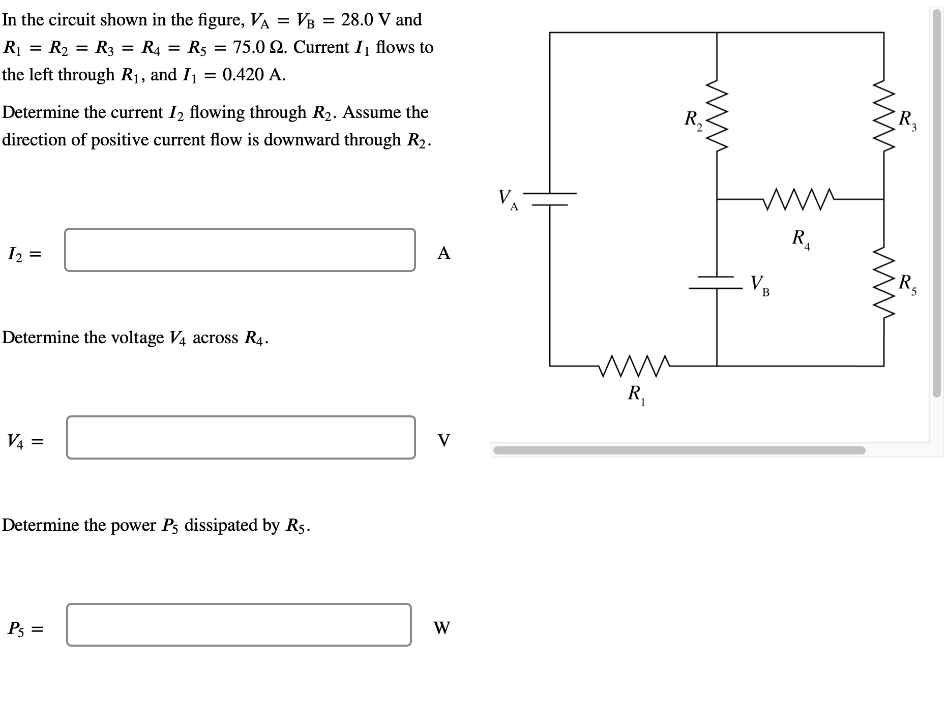 Solved In the circuit shown in the figure, VA=VB=28.0 V and | Chegg.com