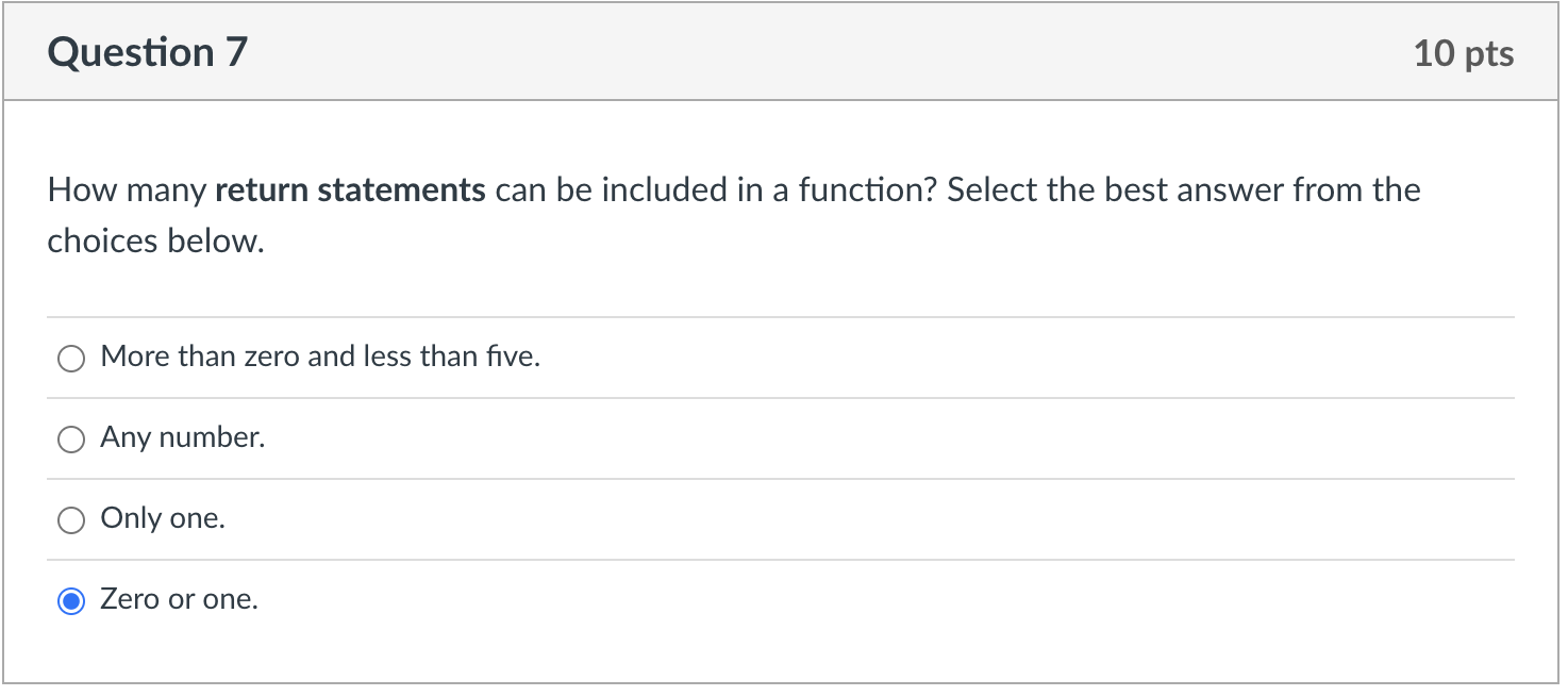 Solved How many return statements can be included in a | Chegg.com Solved How many return statements can be included in a | Chegg.com