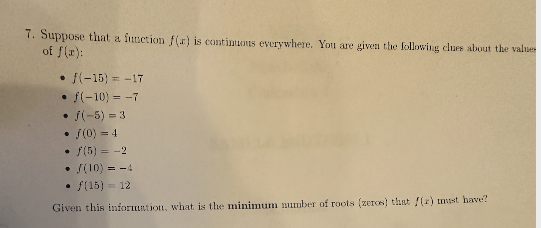 Solved Suppose that a function f(x) ﻿is continuous | Chegg.com