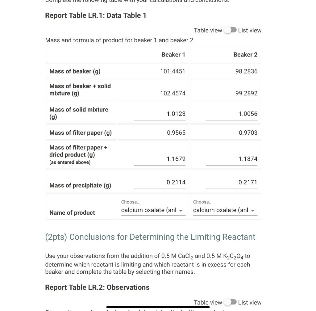 Report Table LR.3: Calculations List view Table view | Chegg.com