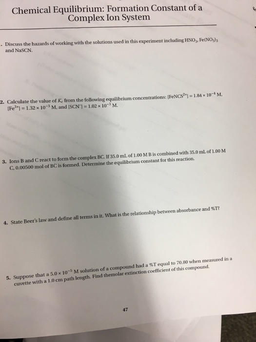 Solved Chemical Equilibrium: Formation Constant of a Complex | Chegg.com