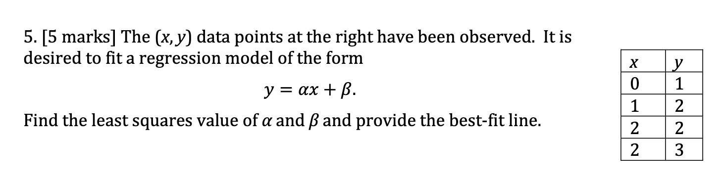 Solved 5. [5 marks] The (x,y) data points at the right have | Chegg.com