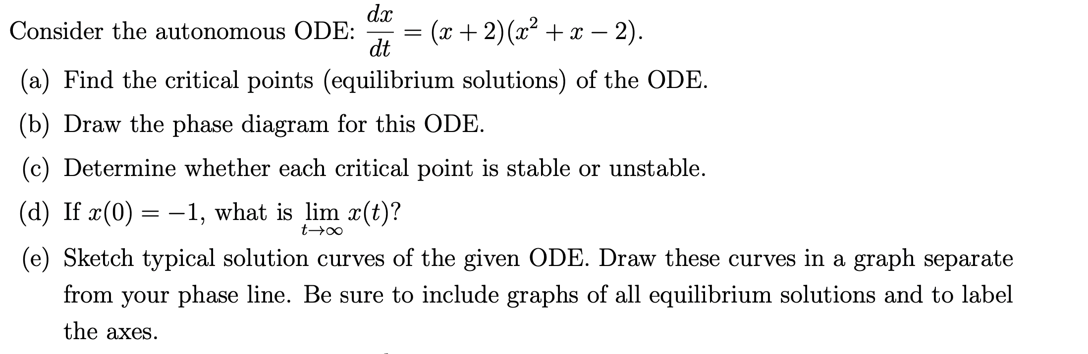 Solved Consider the autonomous ODE: dtdx=(x+2)(x2+x−2). (a) | Chegg.com