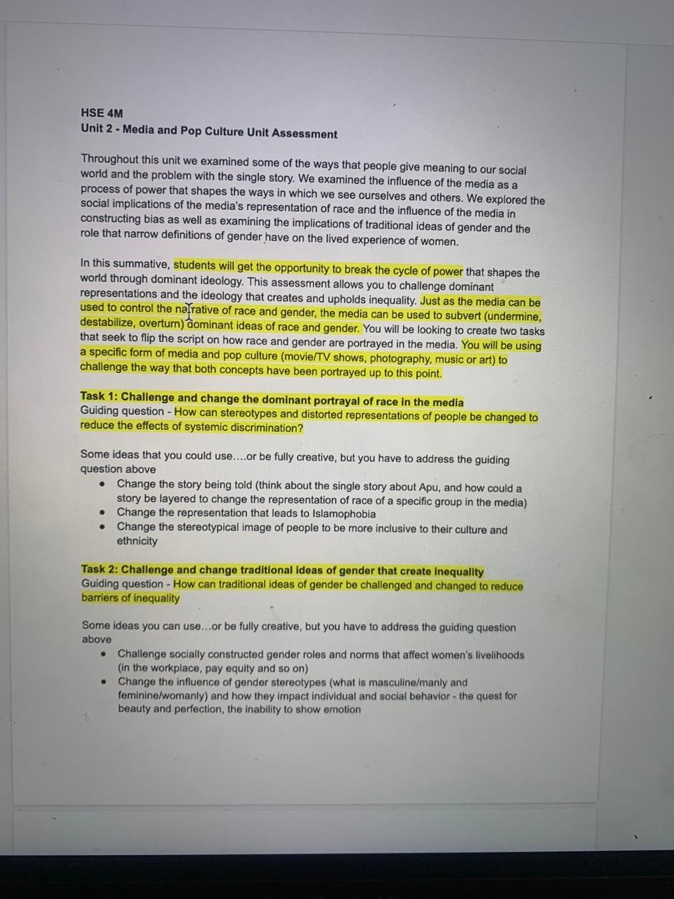 HSE 4M Unit 2- Media and Pop Culture Unit Assessment | Chegg.com