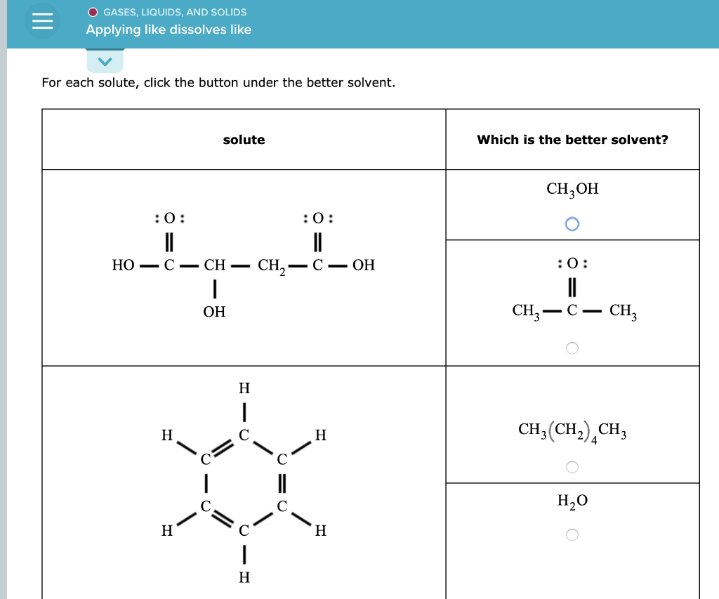 Solved O GASES, LIQUIDS, AND SOLIDS Applying like dissolves | Chegg.com
