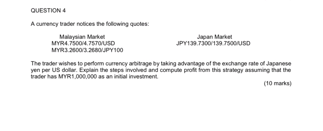 Solved The trader wishes to perform currency arbitrage by | Chegg.com