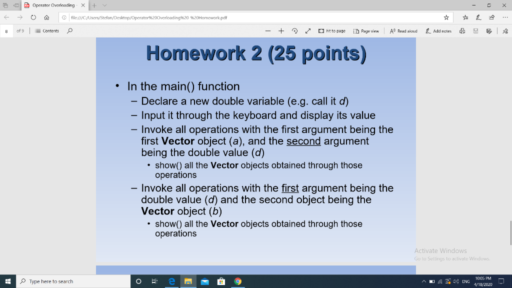 € 2 - - of 9 Operator Overloading - x + V 0 | Chegg.com