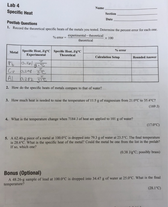 Solved Lab 4 Specific Heat Name Section Date Postlab | Chegg.com