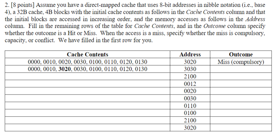 Solved 2. [8 points] Assume you have a direct-mapped cache | Chegg.com