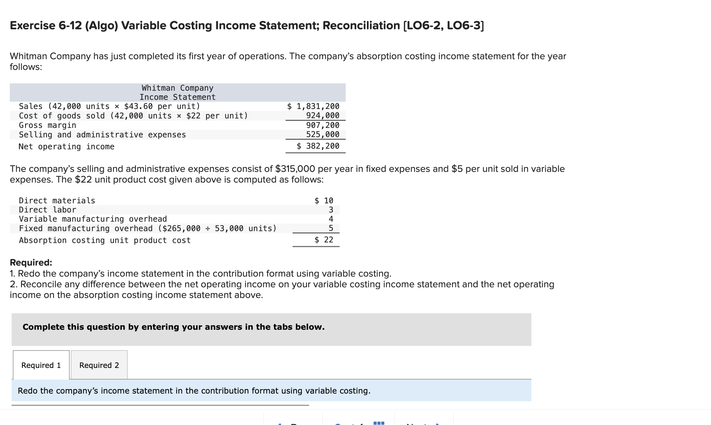 Solved Exercise 6-12 (Algo) ﻿Variable Costing Income | Chegg.com