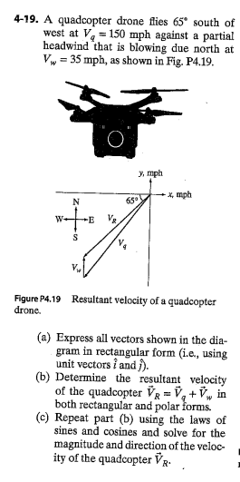Solved 4-19. A quadcopter drone flies 65∘ south of west at | Chegg.com