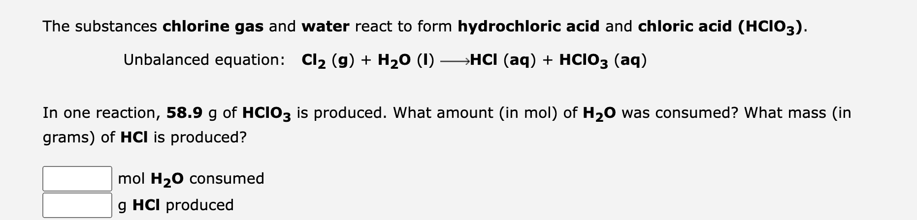 Solved The substances chlorine gas and water react to form | Chegg.com