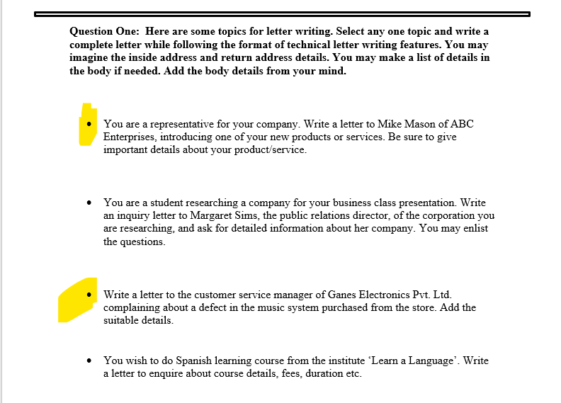 Solved Question One: Here are some topics for letter | Chegg.com