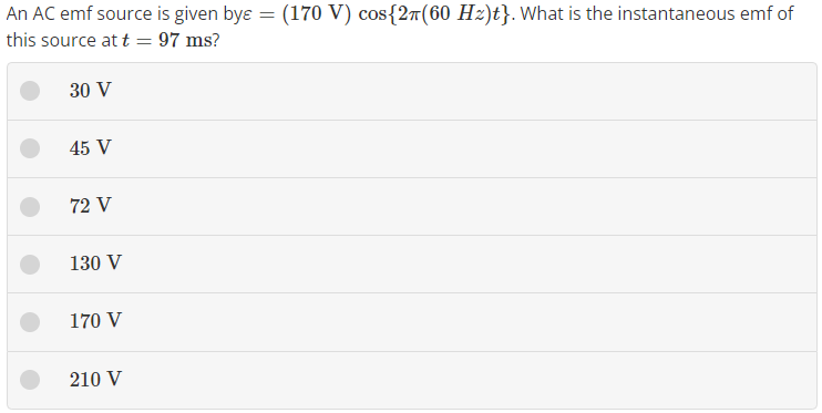 Solved An AC emf source is given by ε=(170 V)cos{2π(60 | Chegg.com