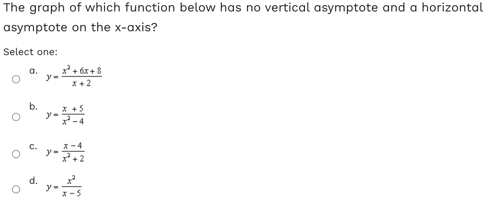 Solved The graph of which function below has no vertical | Chegg.com