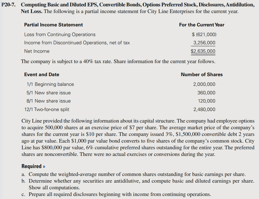 Solved P20-7. Computing Basic and Diluted EPS, Convertible | Chegg.com