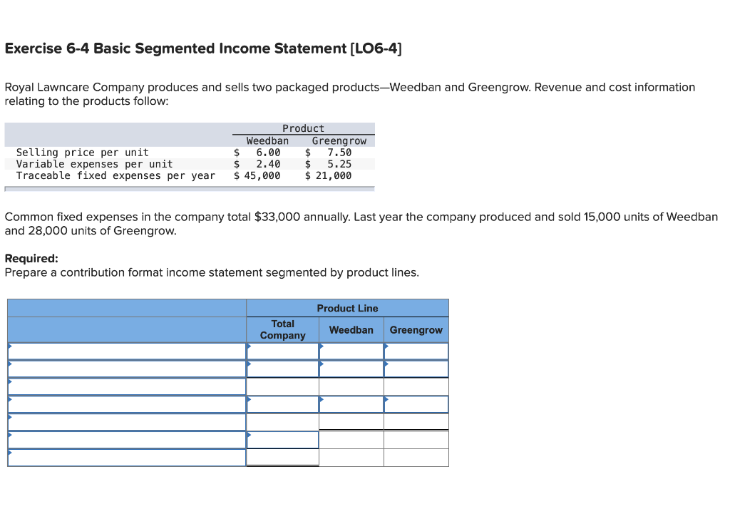 Solved Exercise 6-4 Basic Segmented Income Statement (L06-4] | Chegg.com