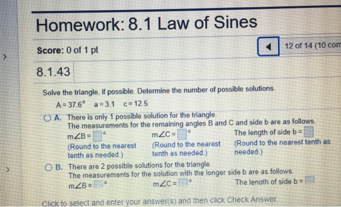 Solved Homework: 8.1 Law of Sines Score: 0 of 1 pt 8.1.43 | Chegg.com