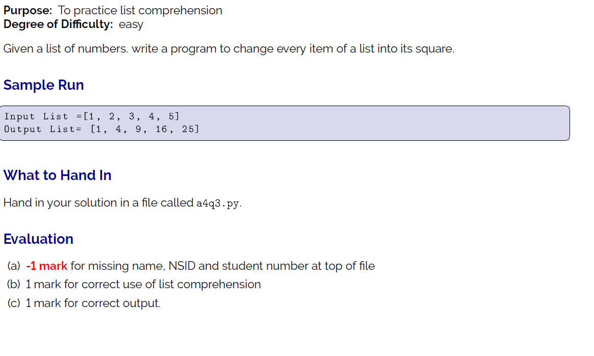 Solved Purpose: To practice list comprehension Degree of | Chegg.com