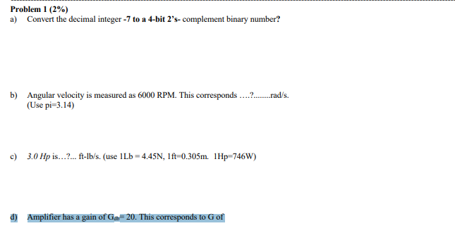 Solved Problem 12 A Convert The Decimal Integer −7 To A 